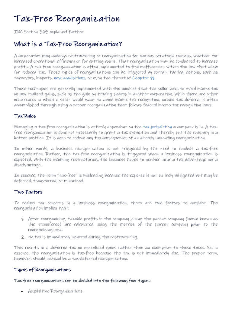 TAX-FREE REORGANIZATIONS | PDF | Tax Exemption | Stocks