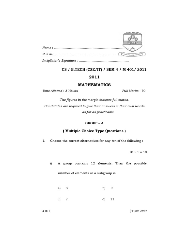 btech-cse-4-sem-mathematics-2011 | PDF | Abstract Algebra | Algebra btech-cse-4-sem-mathematics-2011 | PDF | Abstract Algebra | Algebra