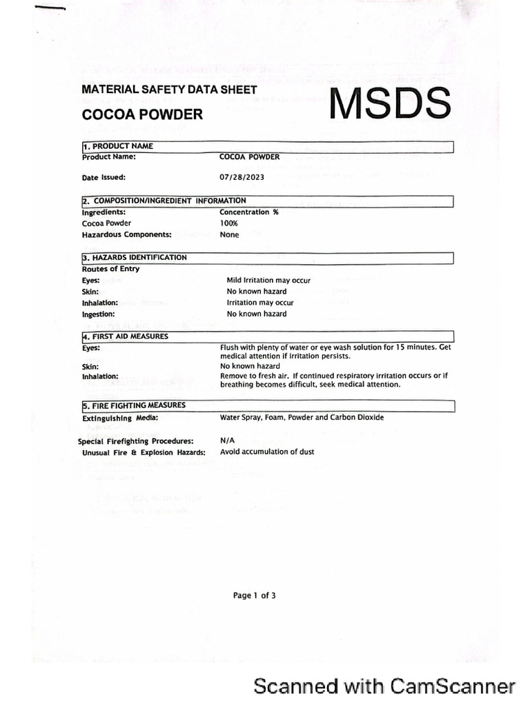 MSDS - Cocoa Powder | PDF