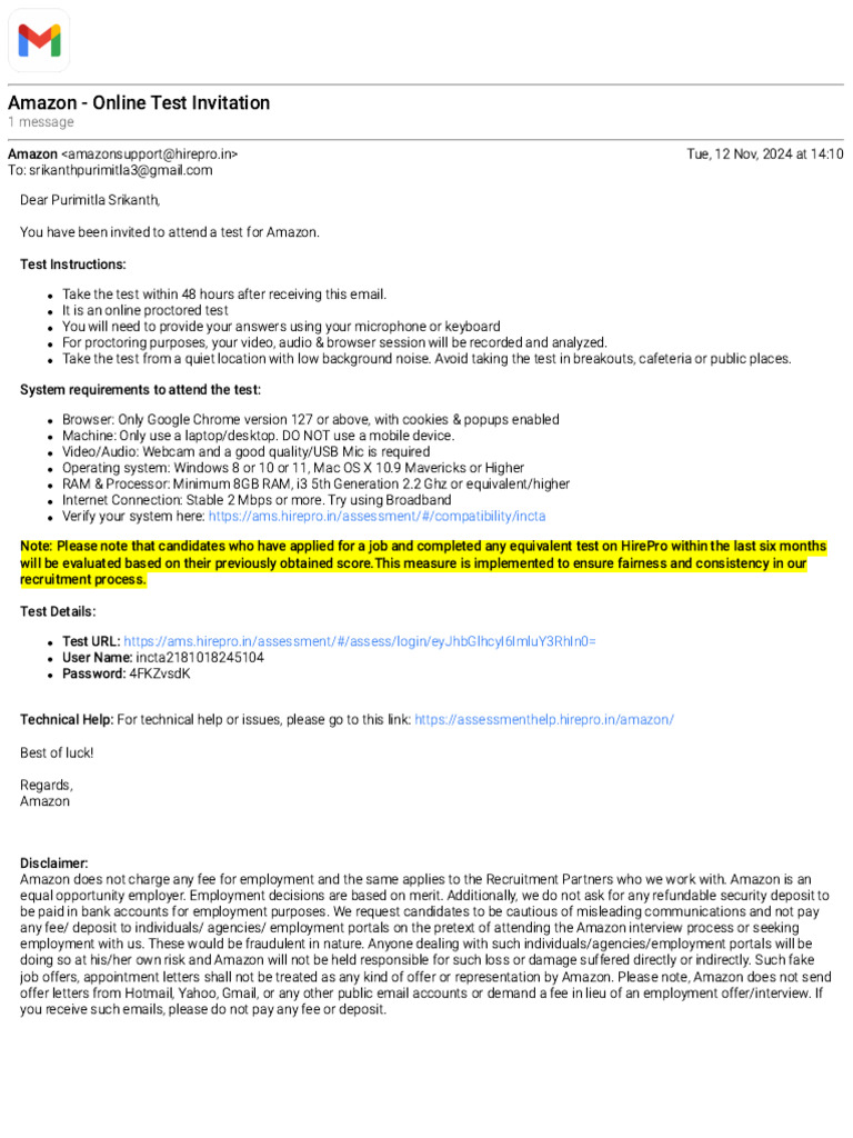 Gmail - Amazon - Online Test Invitation | PDF | Gmail | Cyberspace