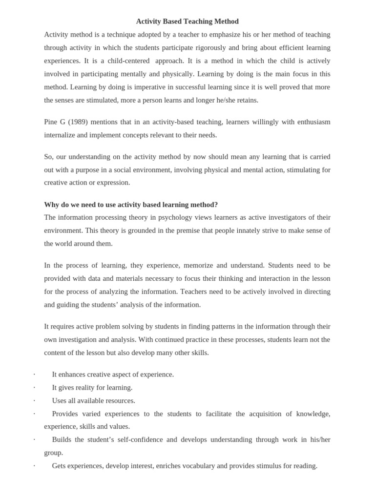Activity Based Teaching Method | PDF | Learning | Experience