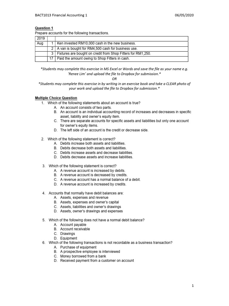 (06052020) Tutorial Exercise PDF | PDF | Debits And Credits | Equity ...