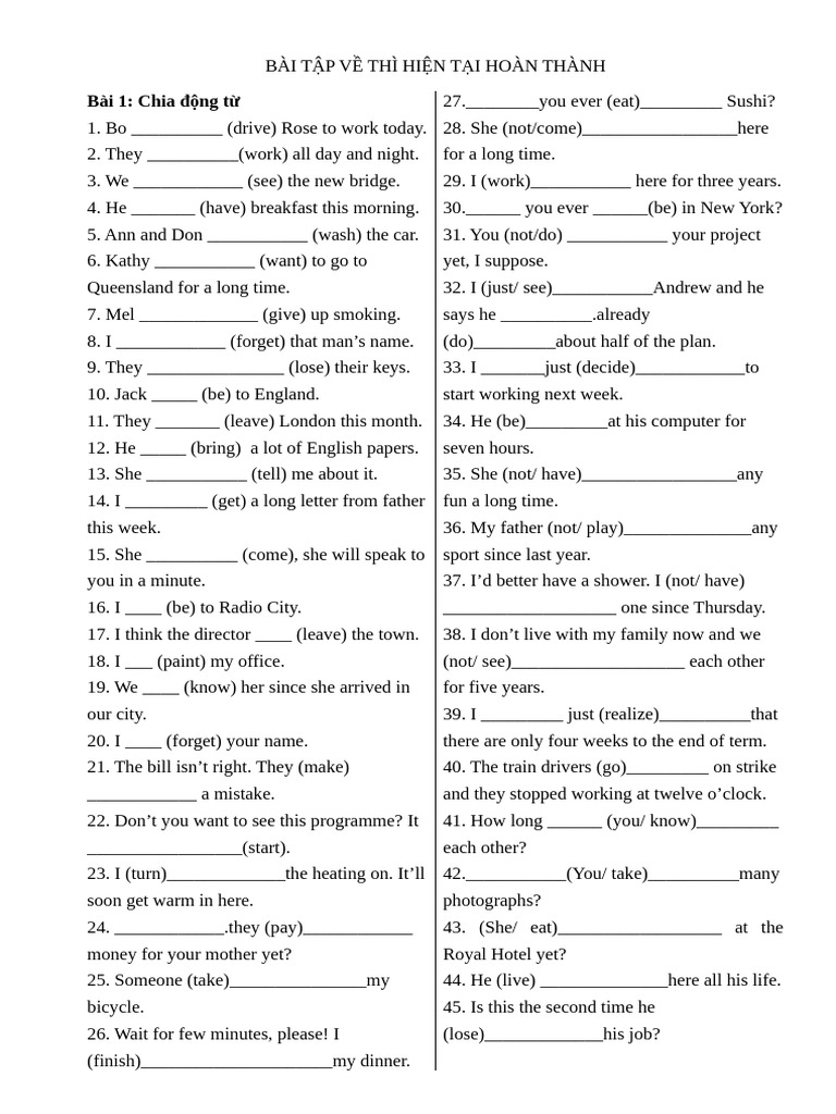 BÀI TẬP VỀ THÌ HIỆN TẠI HOÀN THÀNH | PDF