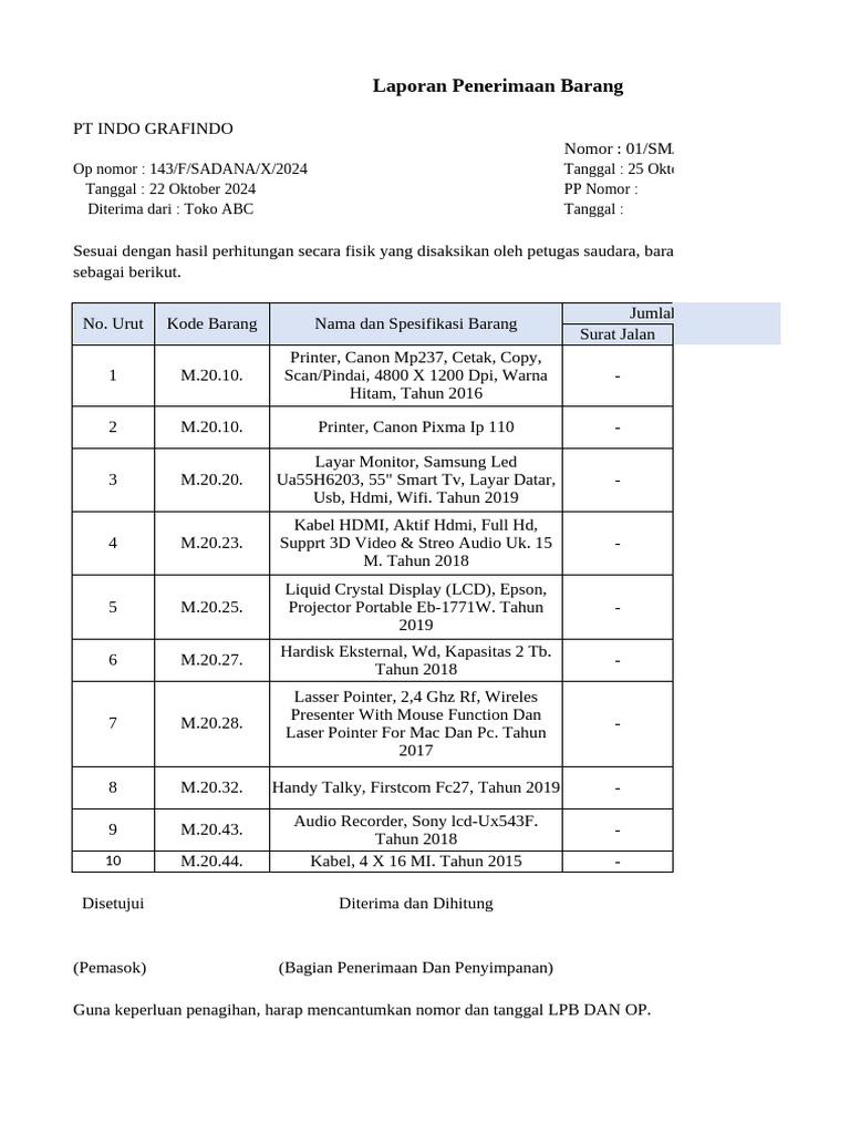 laporan Penerimaan Barang | PDF