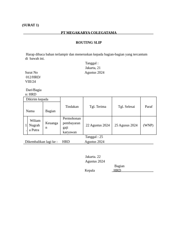 Contoh Routing Slip Perusahaan | PDF