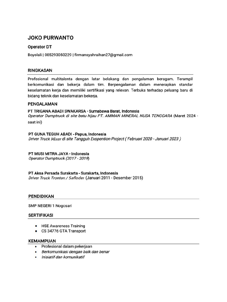 Cv Joko Purwanto DT-1 | PDF