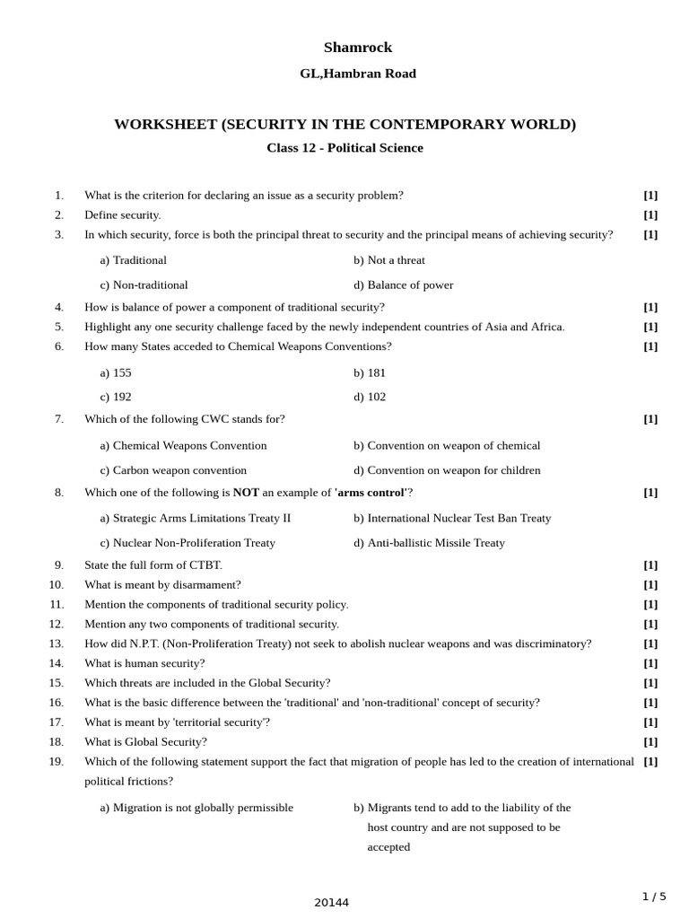 Question Security in The Contemporary Era Class Xii Pol SC | PDF ...