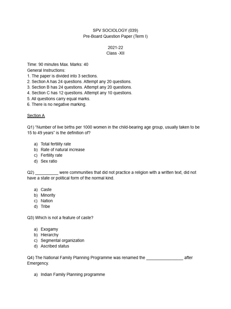 Class XII SPV Sociology Term I Paper | PDF | Dalit | Caste