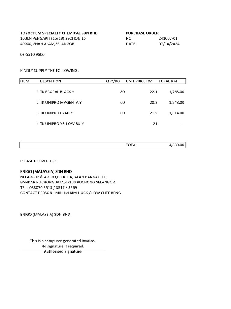 Toyochem Purchase Order Details | PDF
