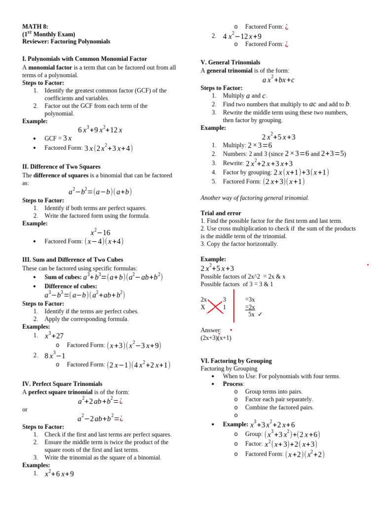 MATH 8 Reviewer | PDF | Factorization | Polynomial