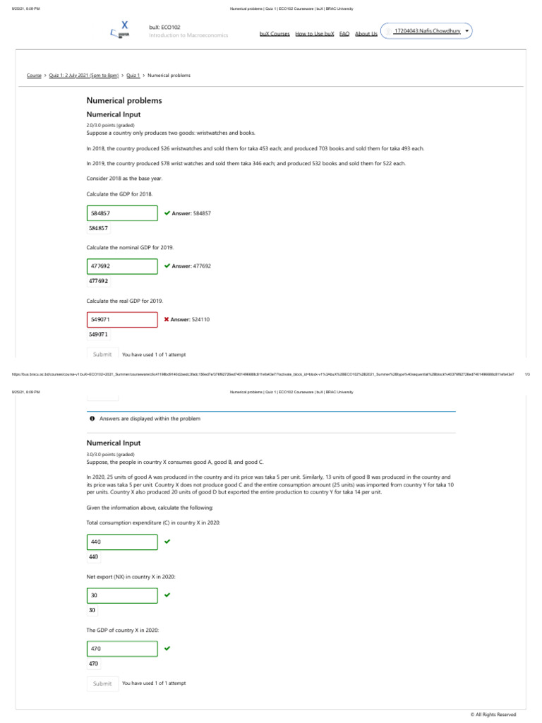 Numerical Problems - Quiz 1 - ECO102 Courseware - BuX - BRAC University | PDF | Gross Domestic ...