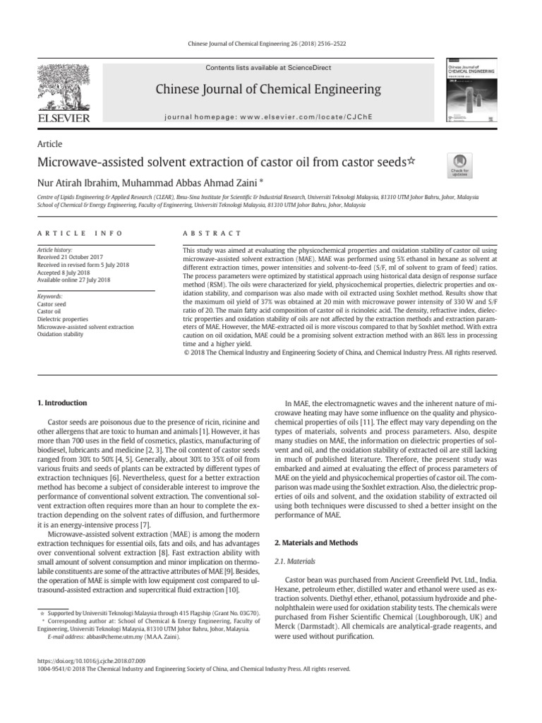 Microwave-Assisted Solvent Extraction of Castor Oil From Castor Seeds ...