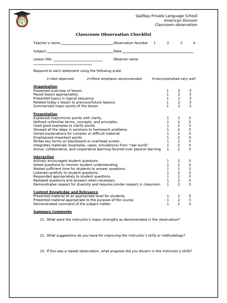Classroom_Observation_Form | PDF | Learning | Human Communication