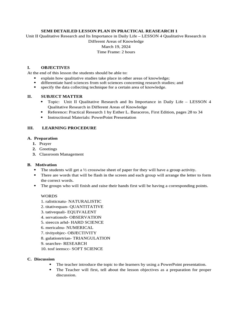 Pr1 l4 Lesson Plan | PDF | Qualitative Research | Science