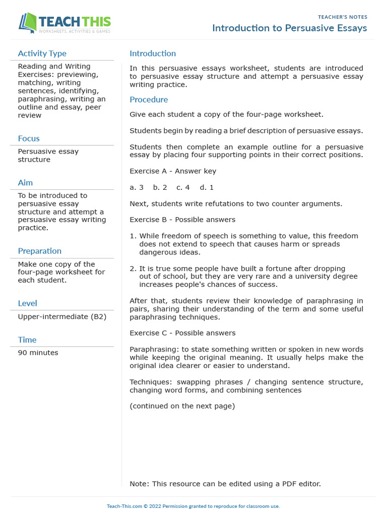 Persuasive Essay Structure Worksheet | PDF | Essays | Capital Punishment