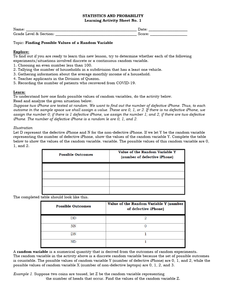 Statistics Probability LAS No1 | PDF | Random Variable | Probability ...
