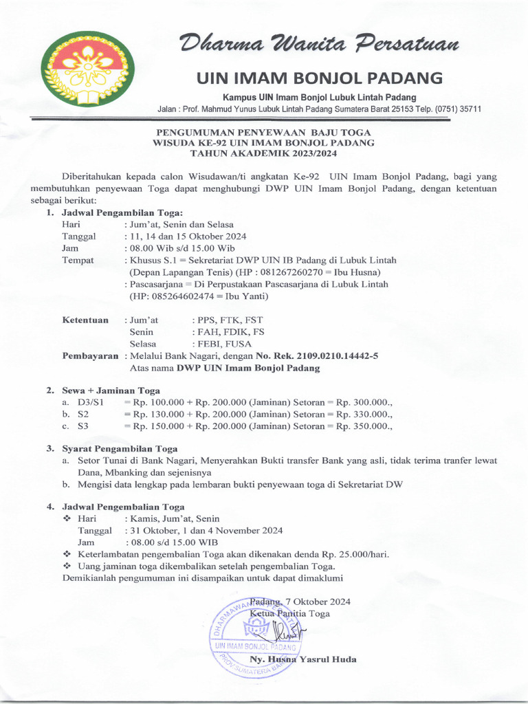 Pengumuman Penyewaan Baju Toga Wisuda Ke 92 DWP UIN IB | PDF