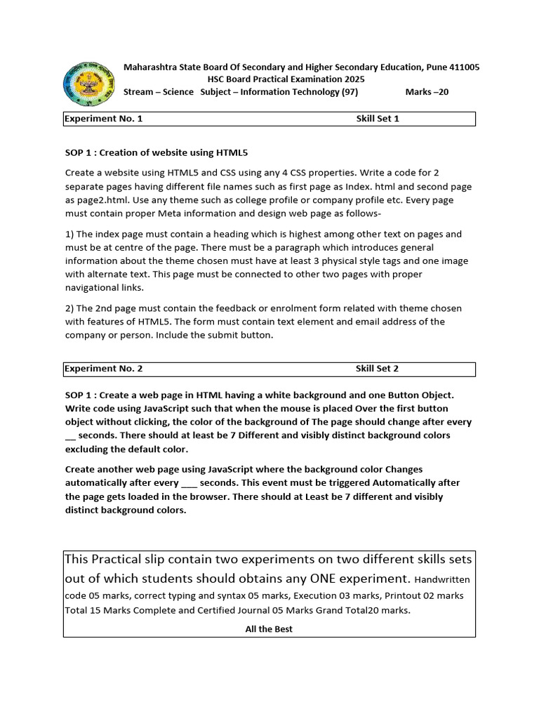 XII Sci (97) Practical Slips 2024-25 | PDF | Html Element | World Wide Web