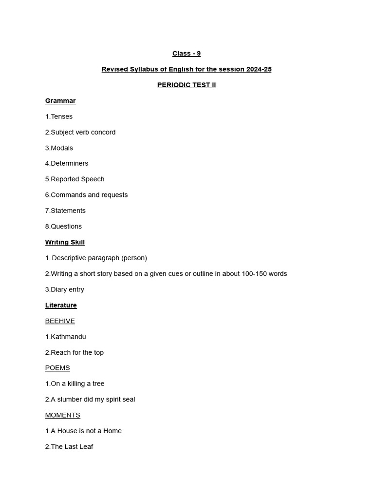 Class - 9 Revised Syllabus of English For The Session 2024-25 | PDF