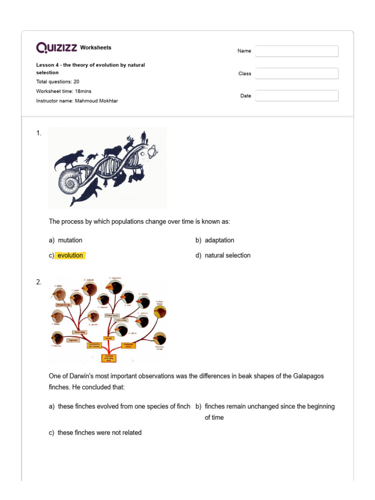 Lesson 4 - The Theory of Evolution by Natural Selection - Quizizz | PDF ...