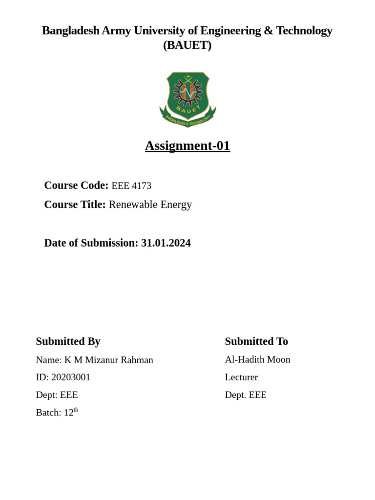 BAUET Renewable Energy Assignment 2024 | PDF