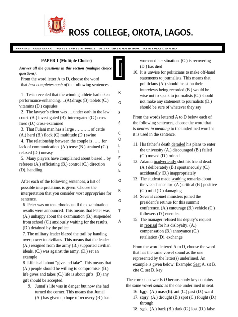 YEAR 10 ENGLISH MID TERM EXAM AND MARK GUIDE FIRST TERM 1ST TERM 1 | PDF