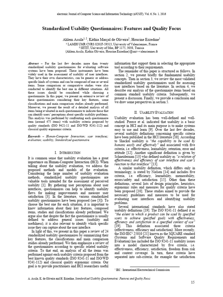 Assila Etal 2016 Standardized Usability Questionnaires | PDF | Usability | Likert Scale