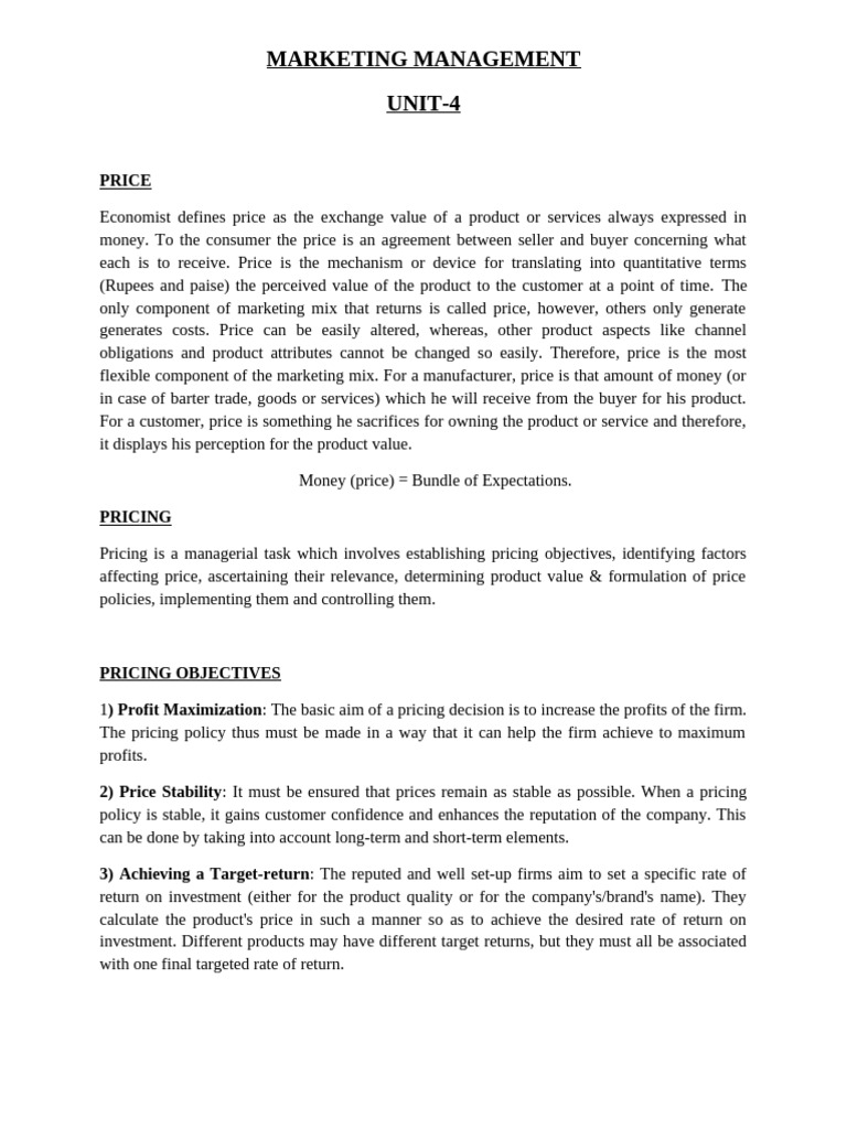 MARKETING UNIT-4 | PDF | Pricing | Marketing