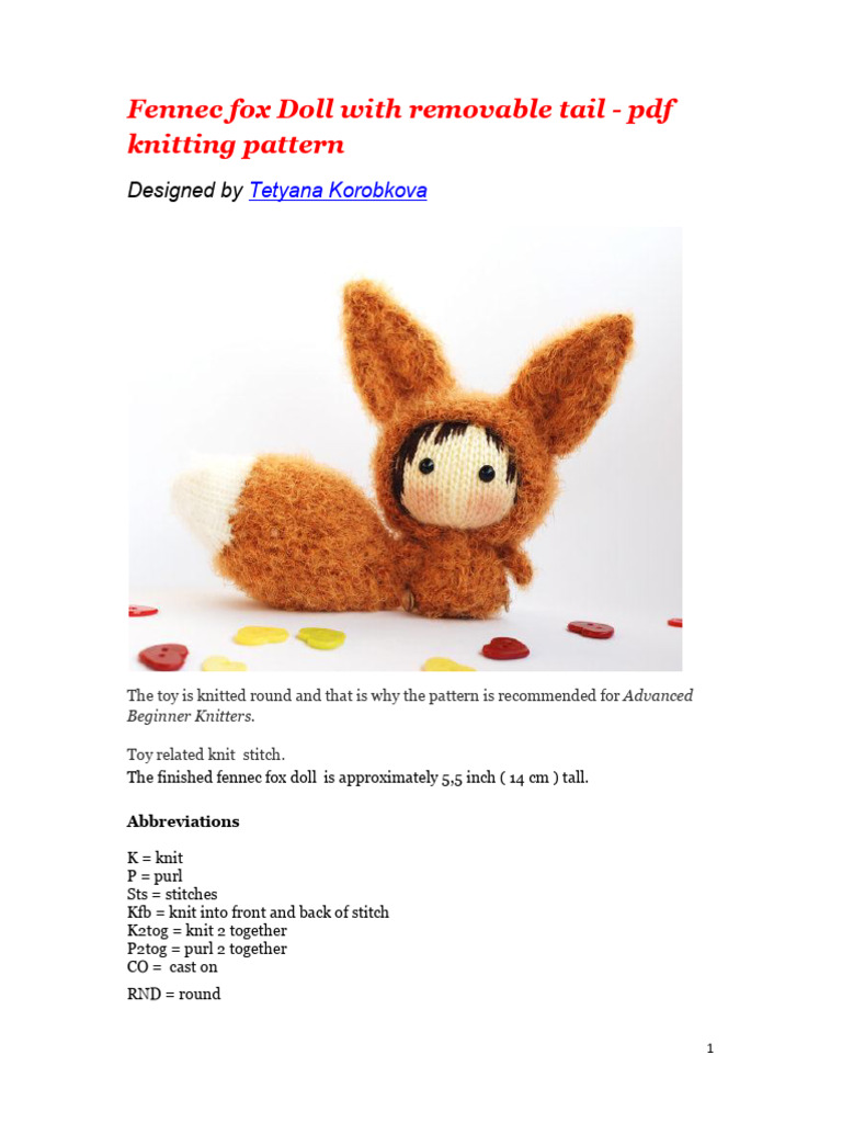 Fennec Fox Doll With Removable Tail | PDF | Knitting | Yarn
