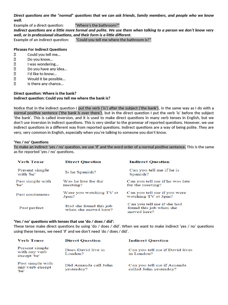 InDirect questions 12 | PDF | Question | Verb