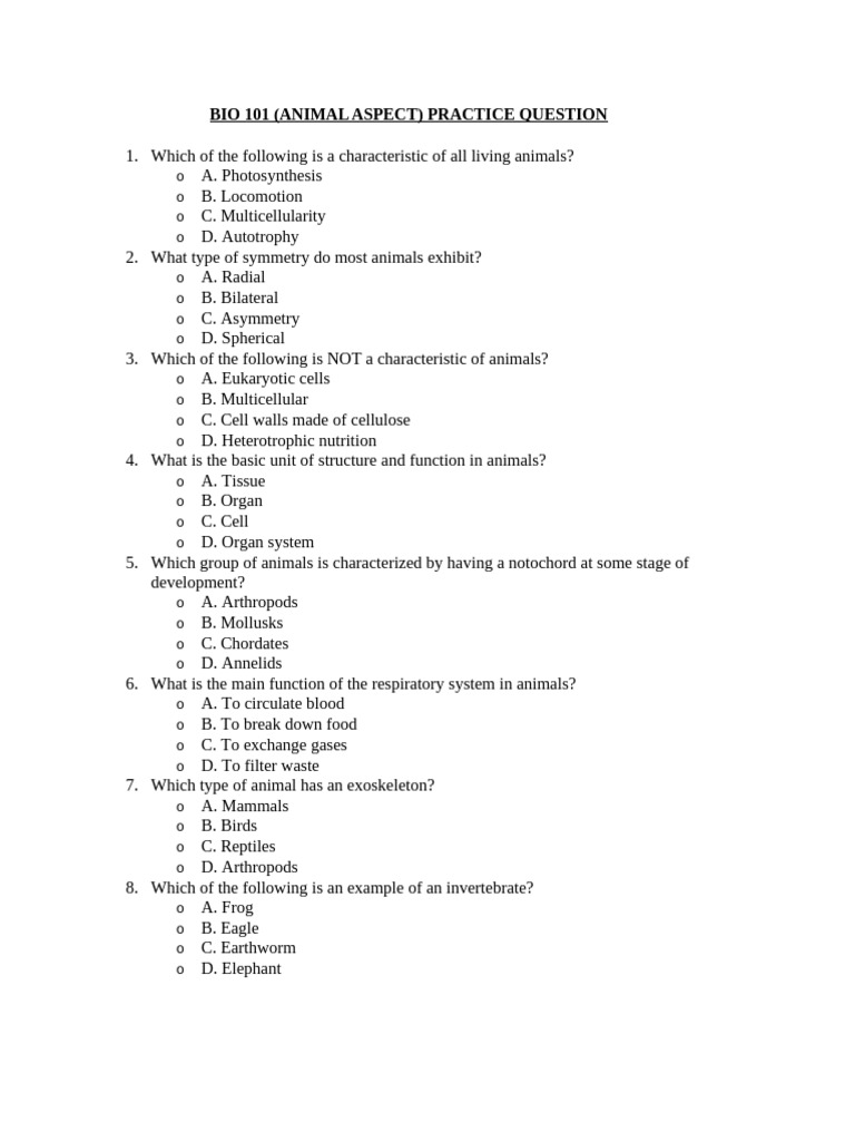 BIO 101 (ANIMAL ASPECT) Practice Question | PDF | Meiosis | Cellular ...