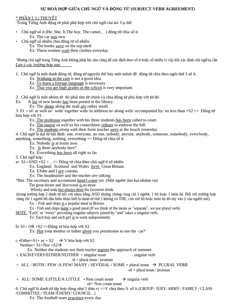 Was Were: S Hoà H P Gi A CH NG Và Đ NG T (Subject-Verb Agreement) | PDF