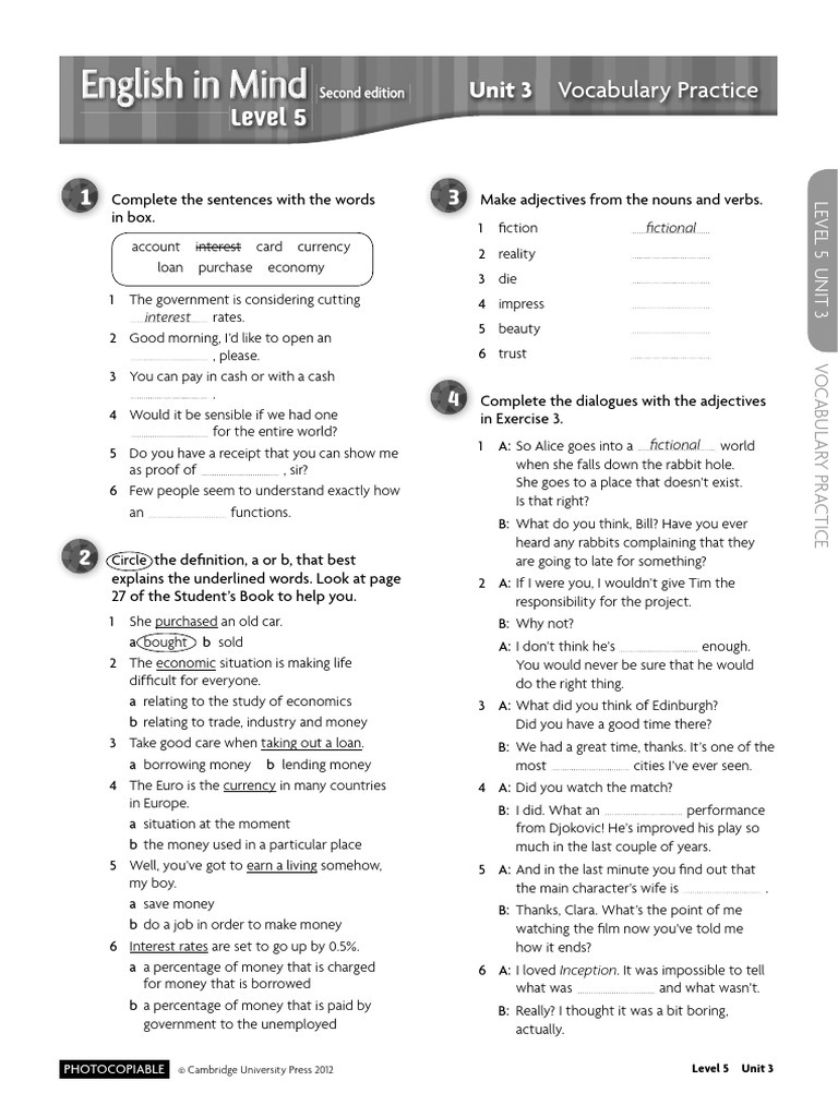 Level 5 Unit 3 Vocabulary Practice | PDF | Adjective | Money