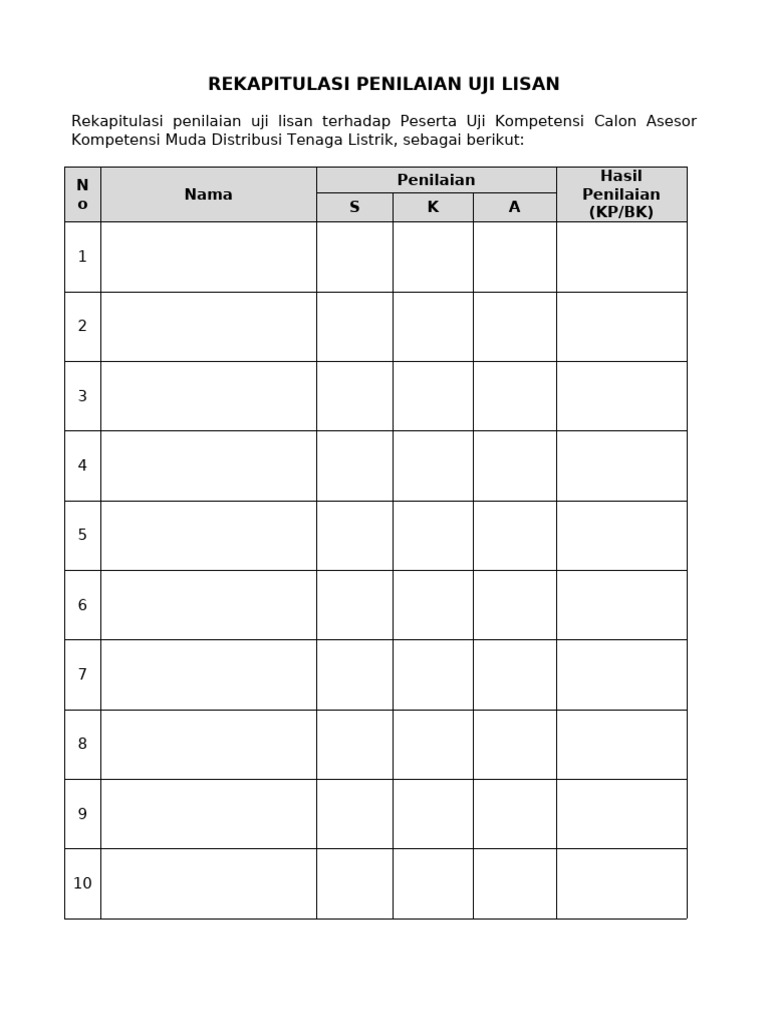 4. Rekapitulasi Penilaian Uji Lisan | PDF