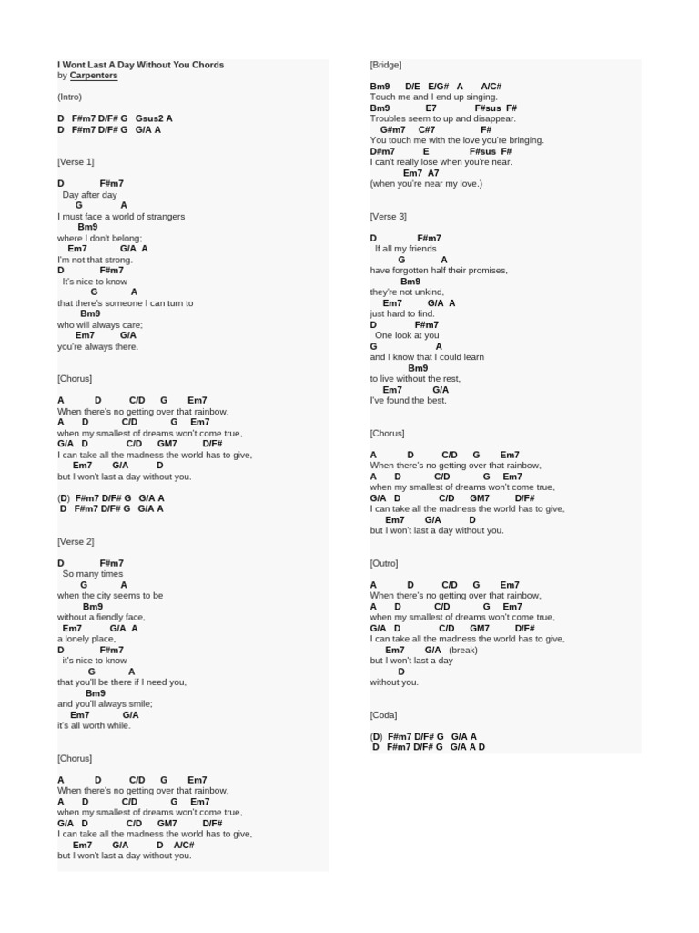 10 I Wont Last A Day Without You Chords | PDF | Song Structure | Songs