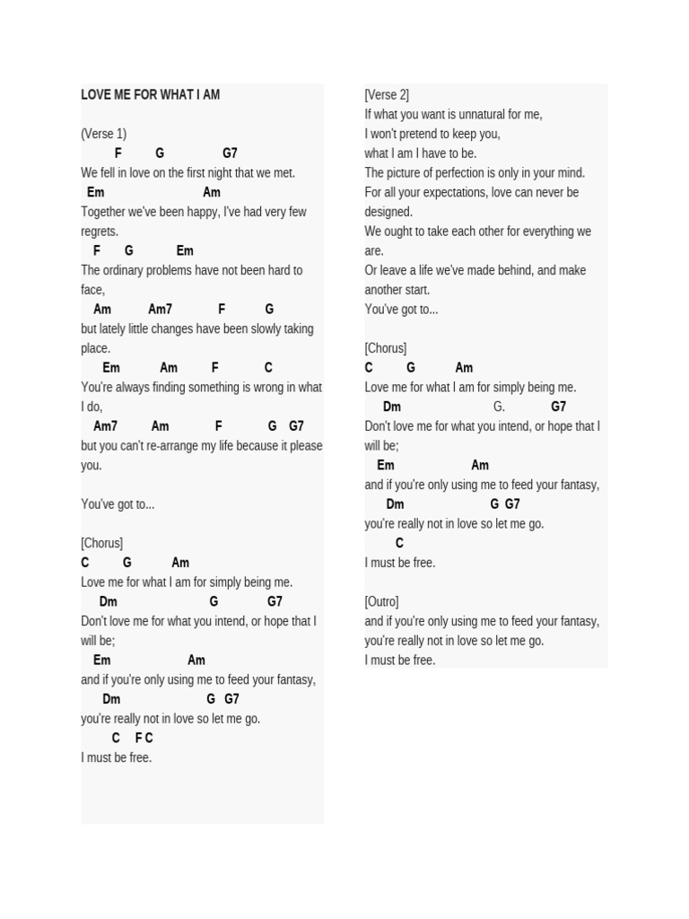 Love Me For What I Am Chords & Lyrics | PDF | Song Structure | Songs