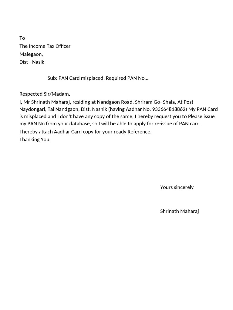 Pan Card Mismatch Letter | PDF