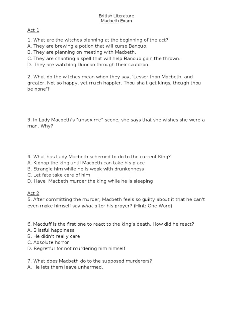 Macbeth Exam | PDF | Macbeth | Shakespearean Tragedies