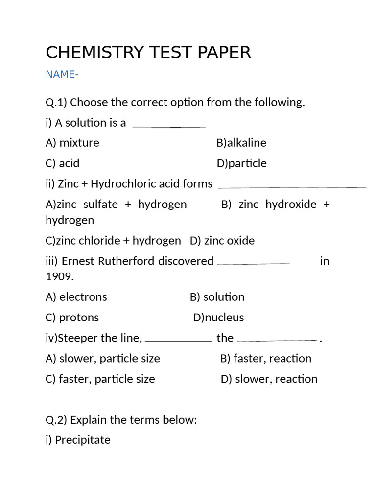 CHEMISTRY TEST PAPER | PDF | Magnesium | Chemical Reactions