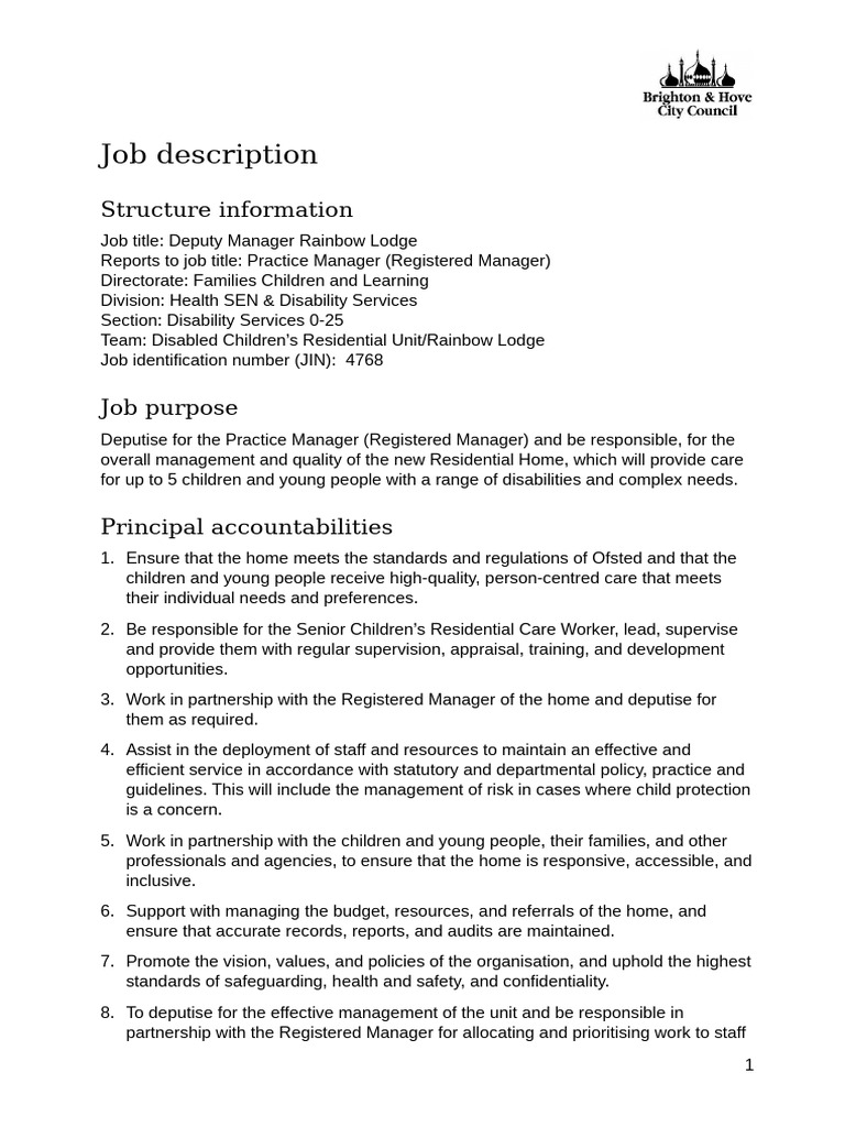 Deputy Manager Job Description - Rainbow Lodge | PDF | Occupational ...