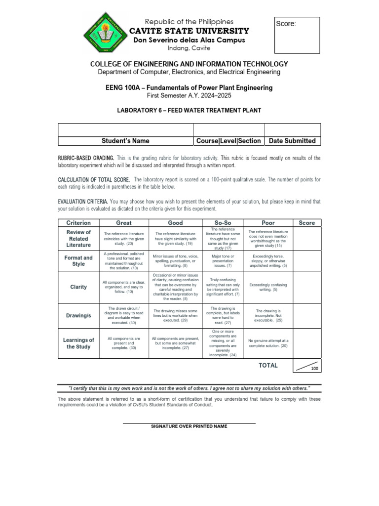 6_Lab_Rubrics_FeedWaterTreatmentPlant | PDF | Rubric (Academic)