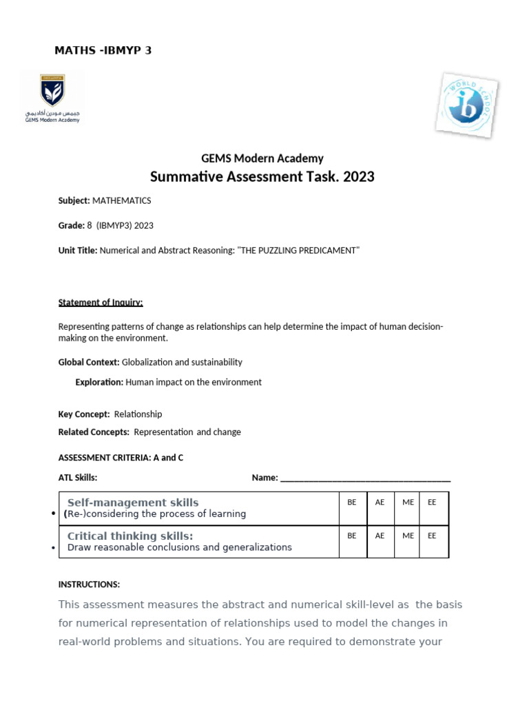 Ibmyp 3 Unit 2 Summative | PDF | Mathematics | Information