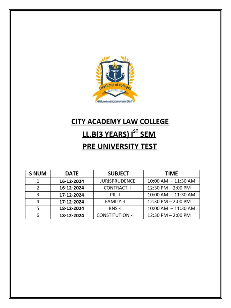 Datesheet - Pre University Test - LLB 3year 1st Sem | PDF