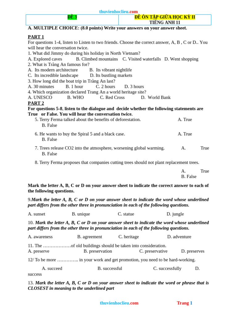 De On Tap Giua HK2 Tieng Anh 11 I LEARN SMART WORLD de 3 | PDF | Plastic | Recycling
