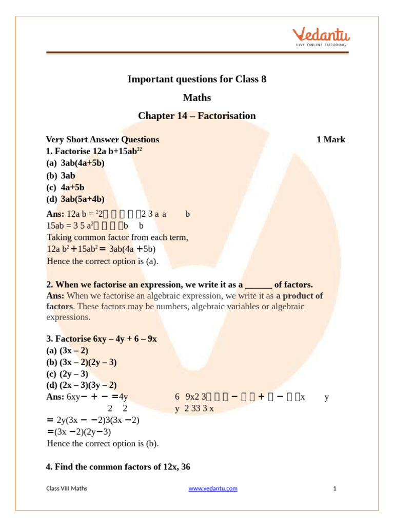 Class 8 Factorisation Worksheet | PDF | Mathematics | Algebra