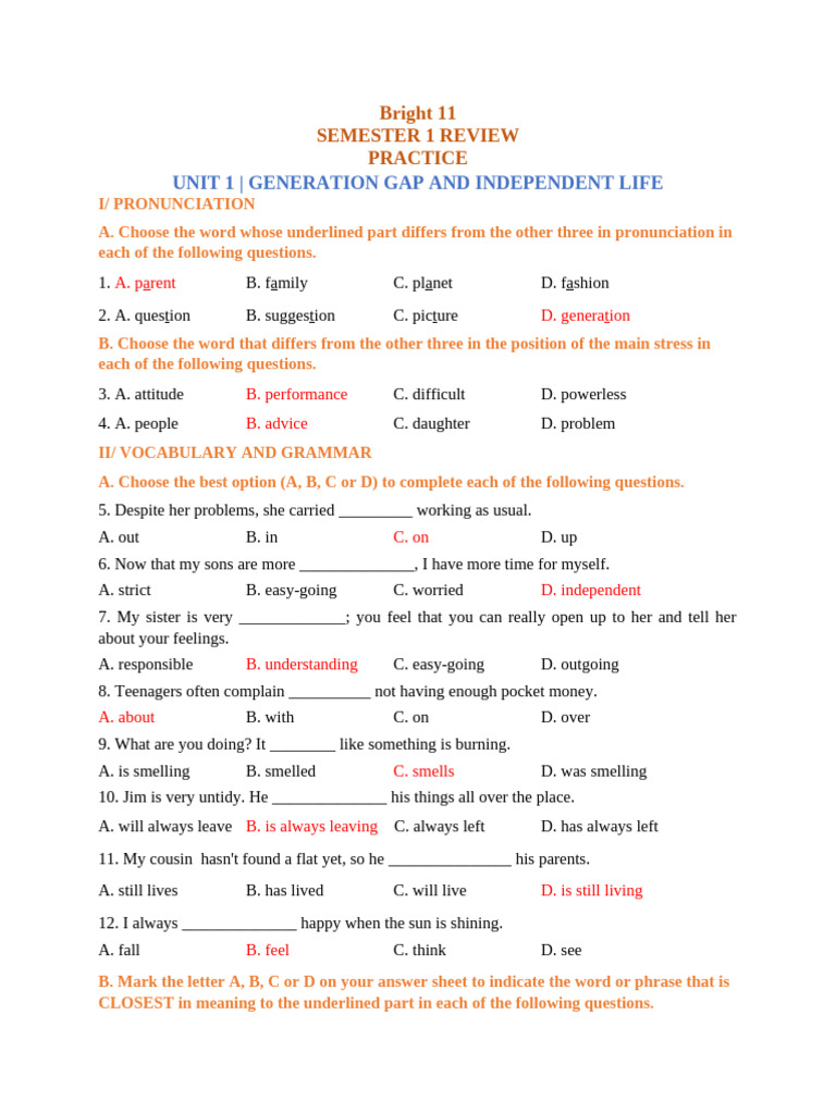 Ta11 BR - Semester 1 Review - Key | PDF | Hue | Climate Change