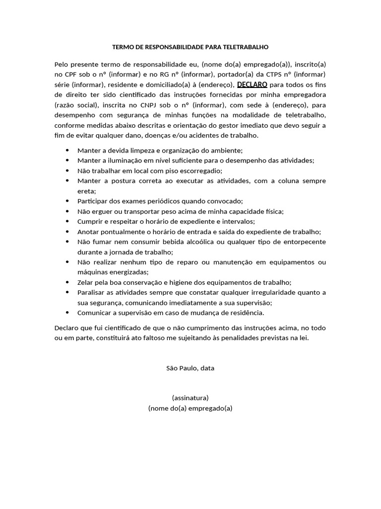 Termo de Responsabilidade Ao Teletrabalho | PDF
