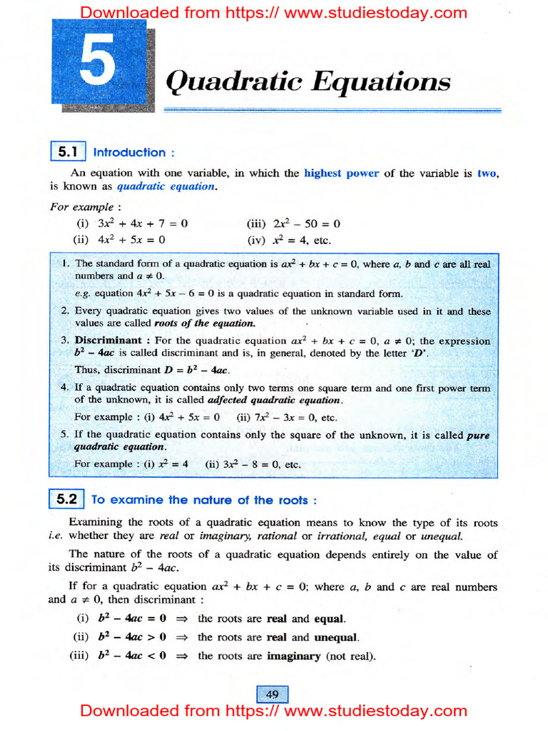 ICSE Class 10 Bansal Maths Chapter 05 Quadratic Equations | PDF