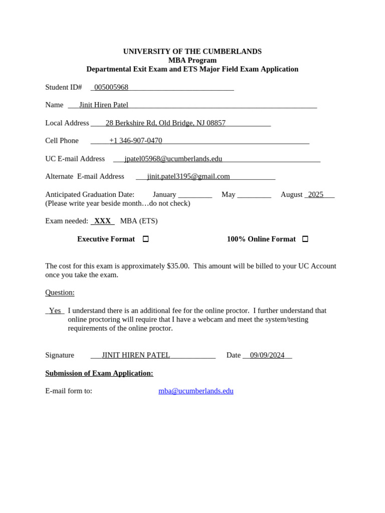 MBA Exit Exam Application Form | PDF
