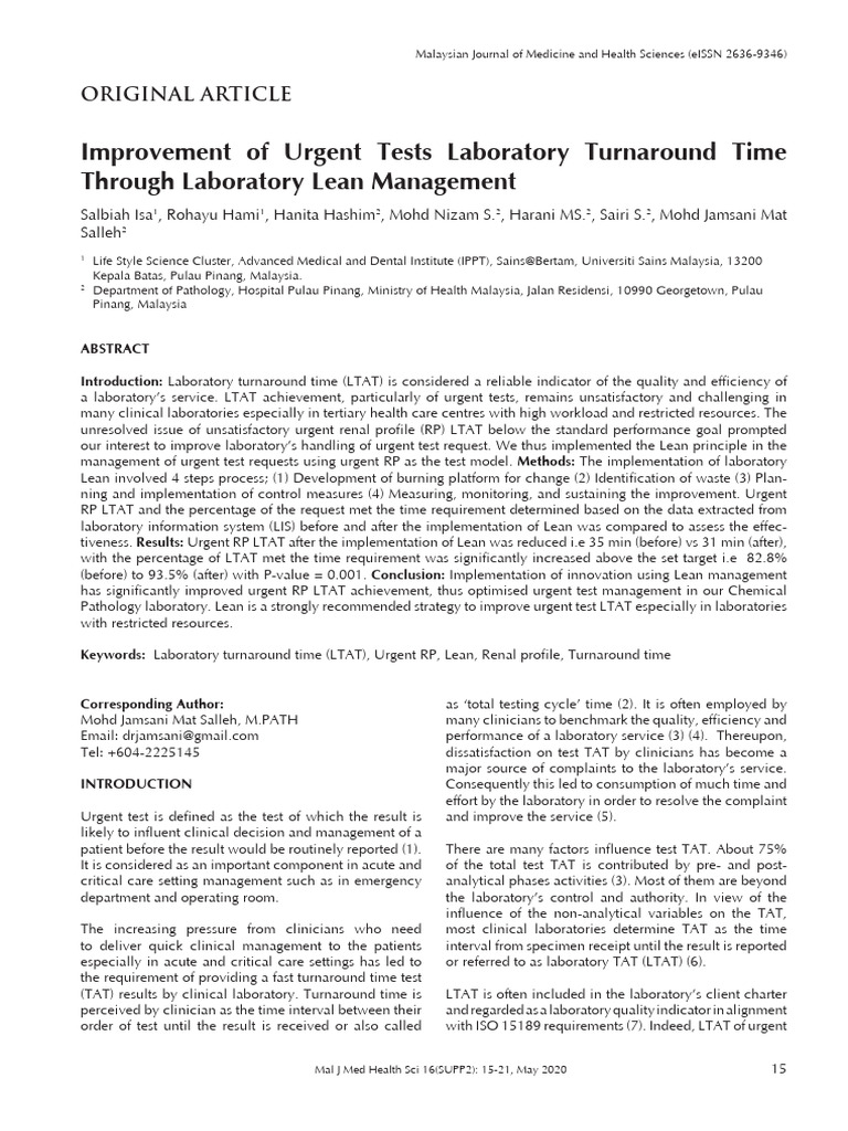Improving Urgent Lab Test Turnaround Time | PDF | Medical Laboratory ...